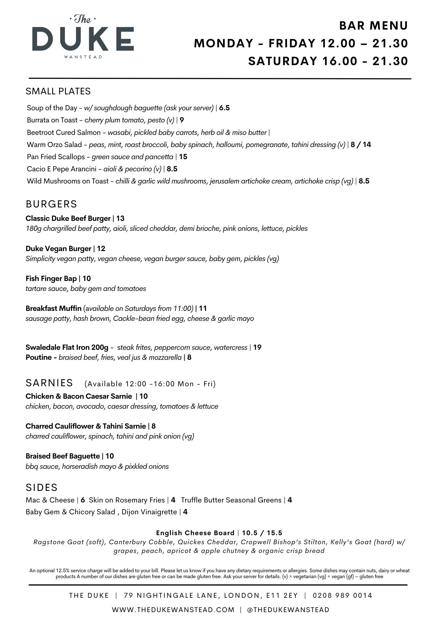 Menus • THE DUKE WANSTEAD • Wanstead's neighbourhood pub and dining room